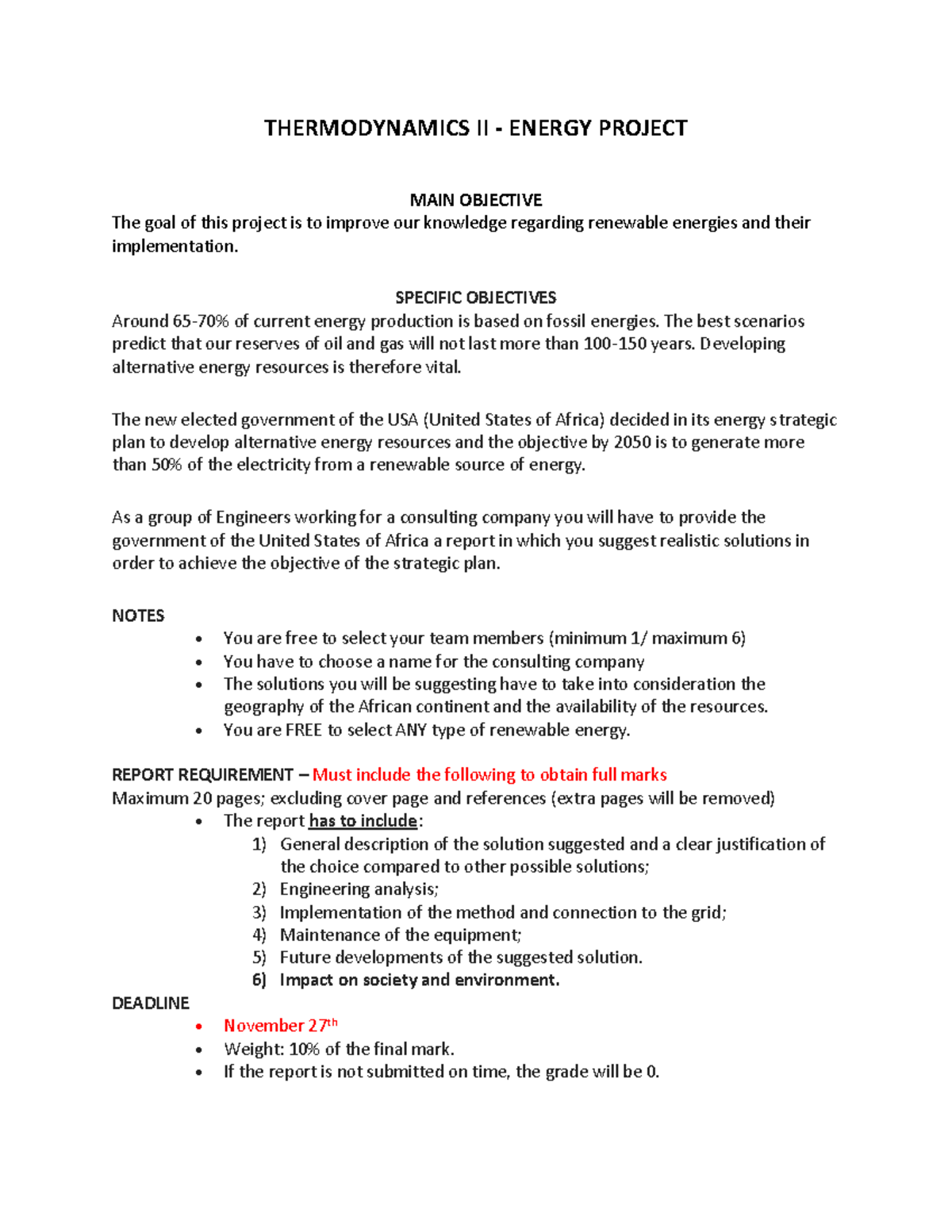 Energy Project - THERMODYNAMICS II - ENERGY PROJECT MAIN OBJECTIVE The ...