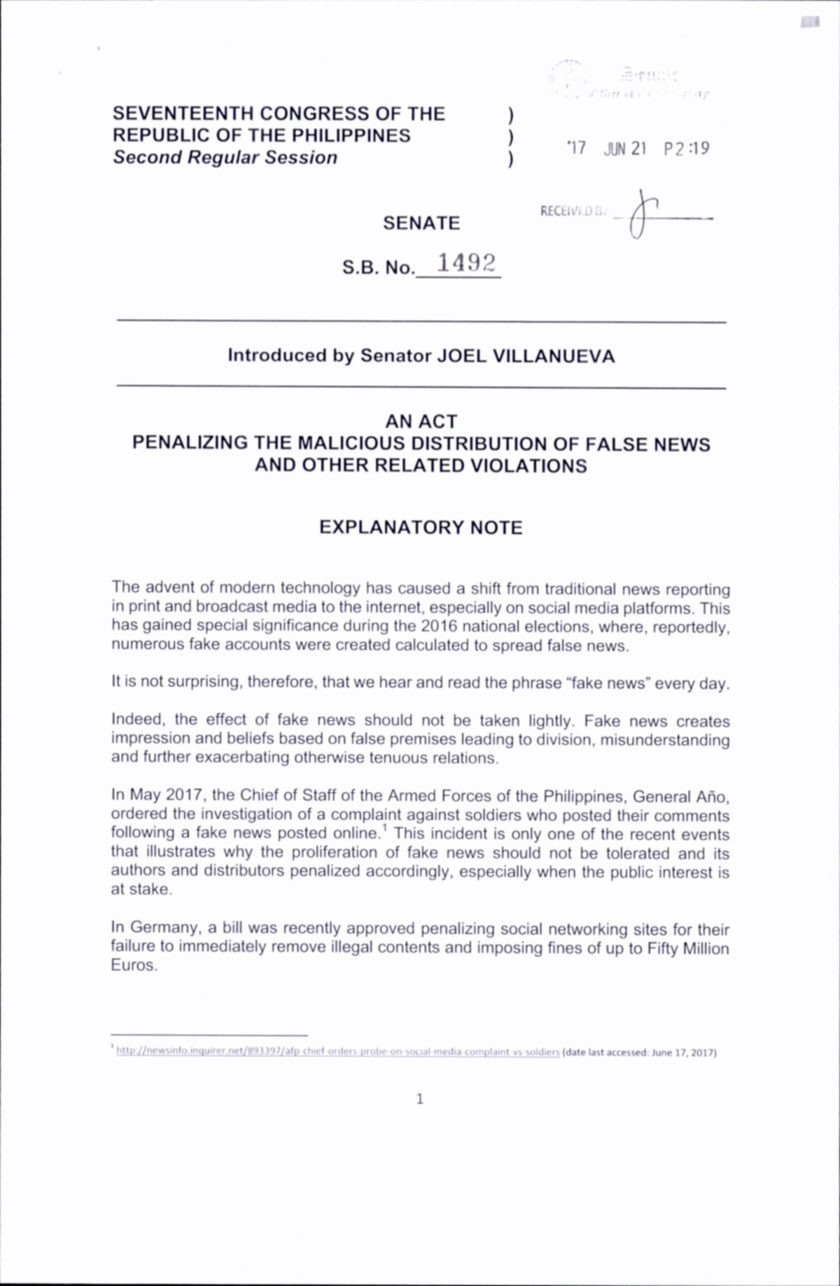 ANTI FAKE NEWS LAW - Samples - SEVENTEENTH CONGRESS OF THE REPUBLIC OF ...