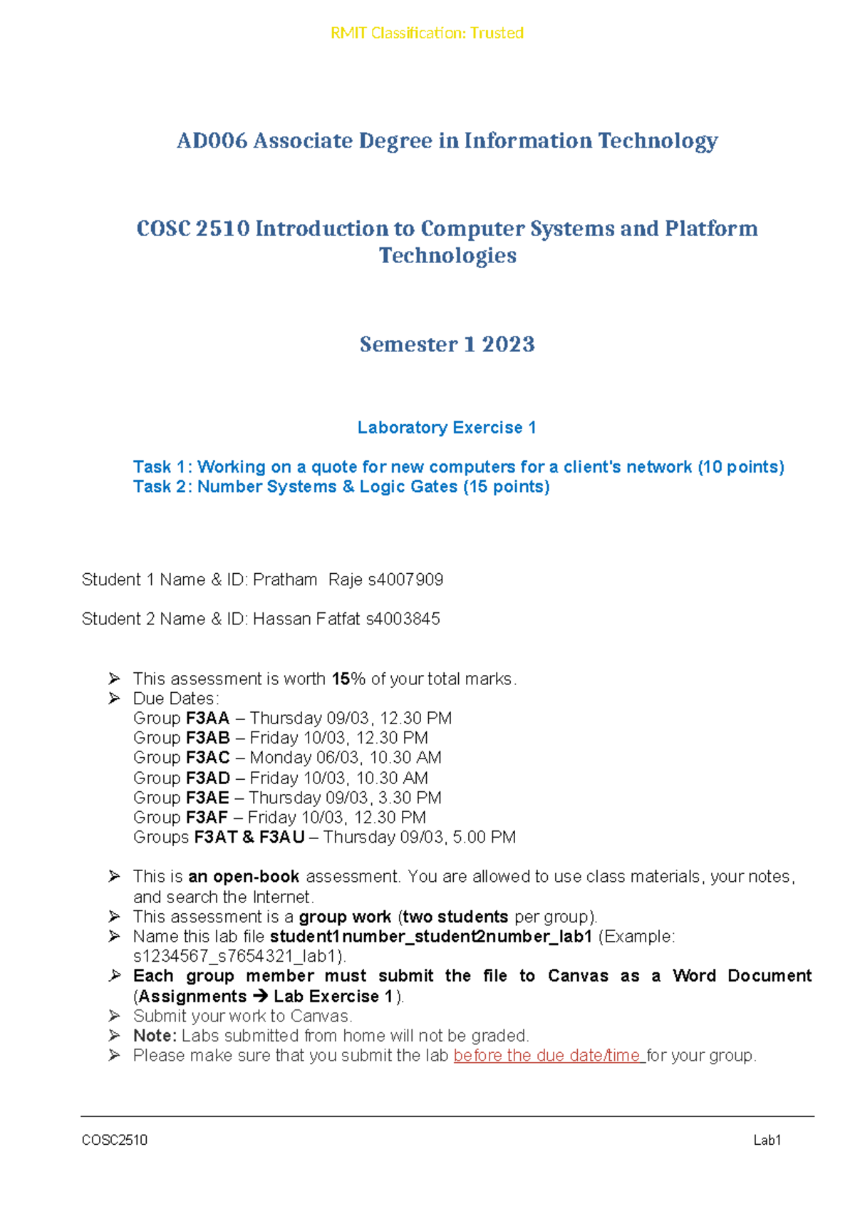 Lab1 Exercise Assessment - AD006 Associate Degree in Information Technology COSC 2510 ...