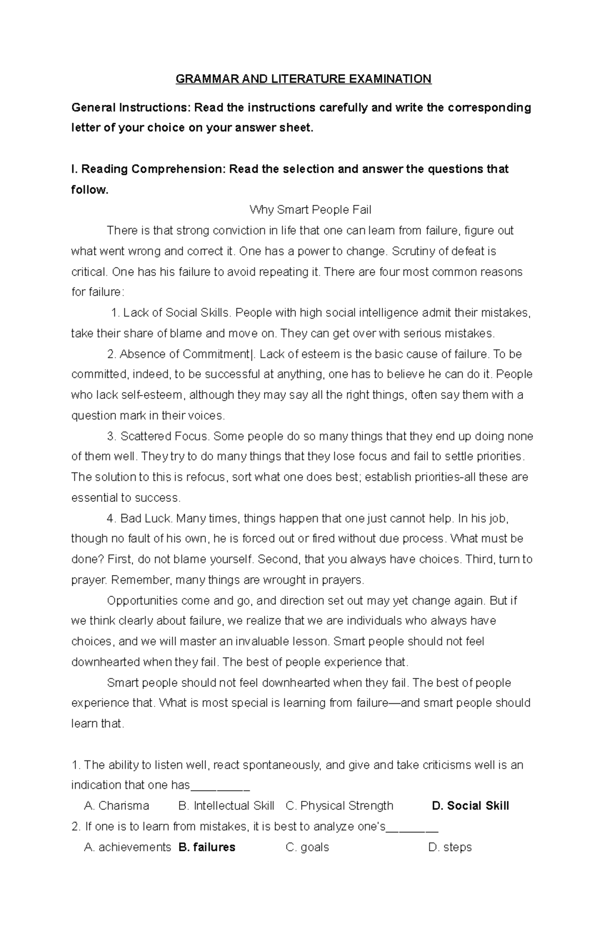 Grammar AND Literature Examination - English - Studocu