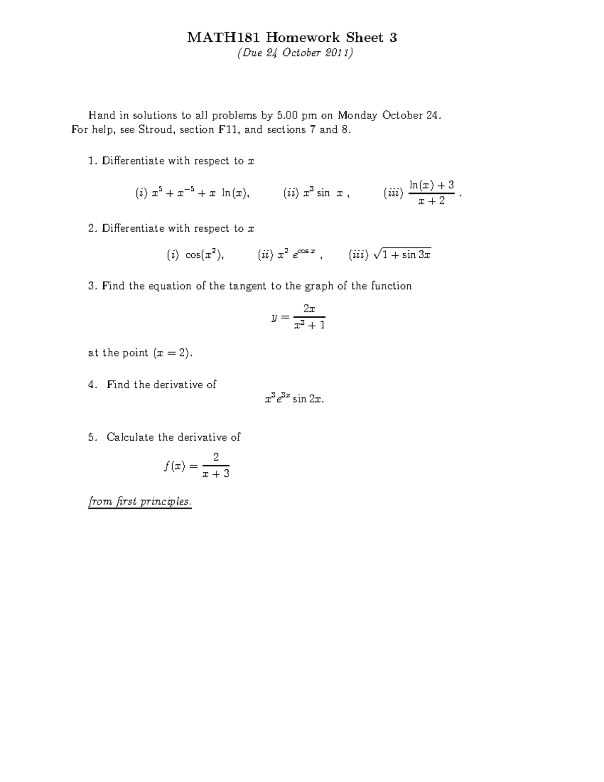 MATH181 2011-2012 Homework 3 - MATH181 Homework Sheet 3 (Due 24 October ...