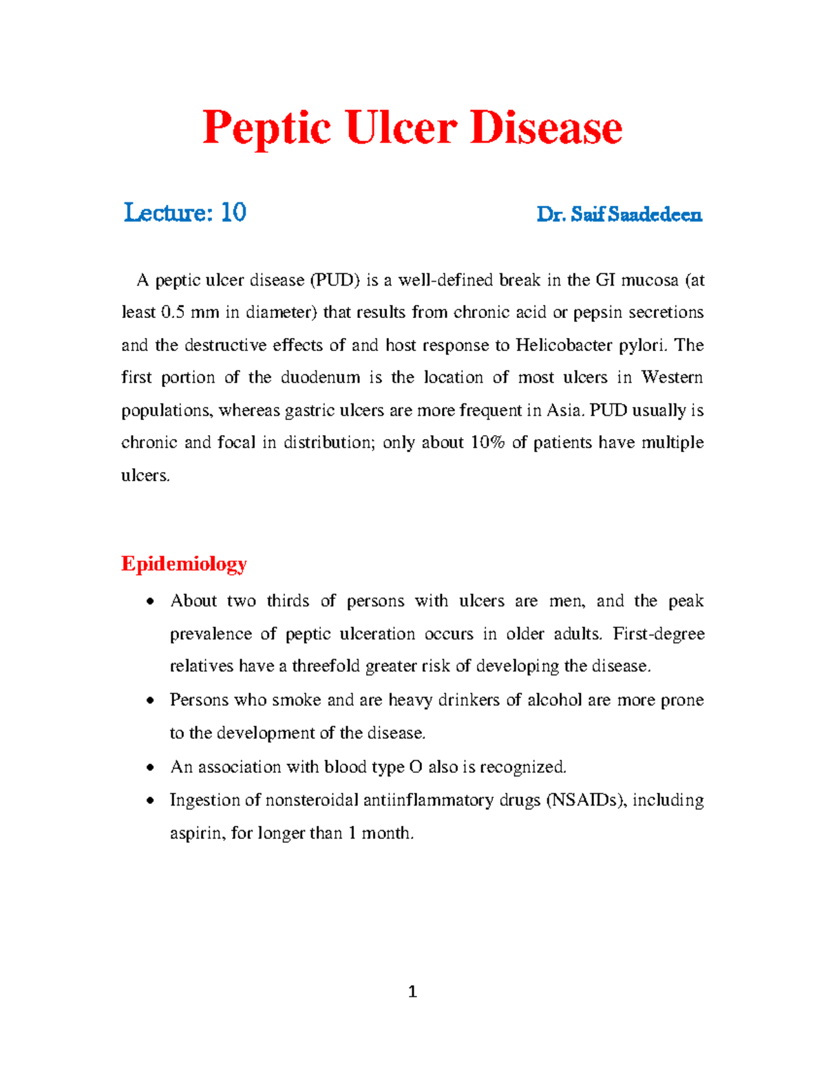 G.medicine lec 10 - pathology - Peptic Ulcer Disease Lecture: 10 Dr ...