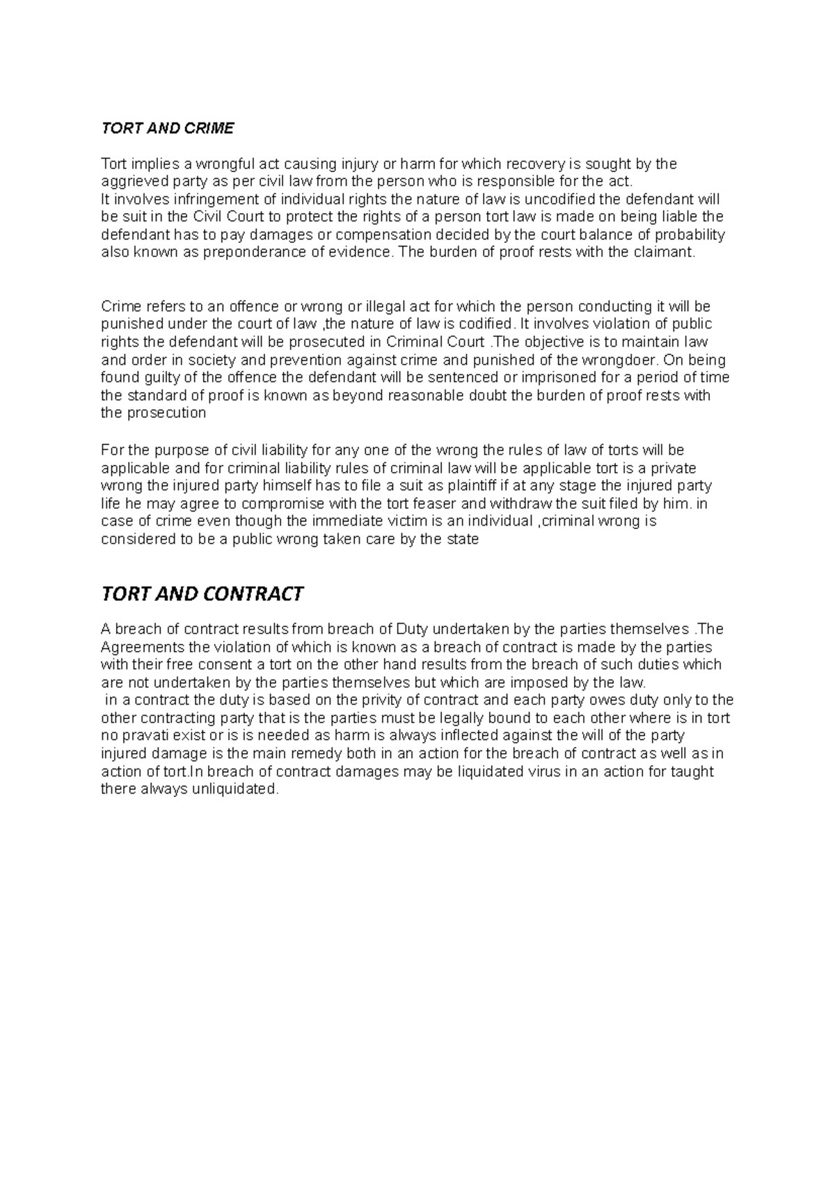 TORT AND Crime difference and explanation - TORT AND CRIME Tort implies ...