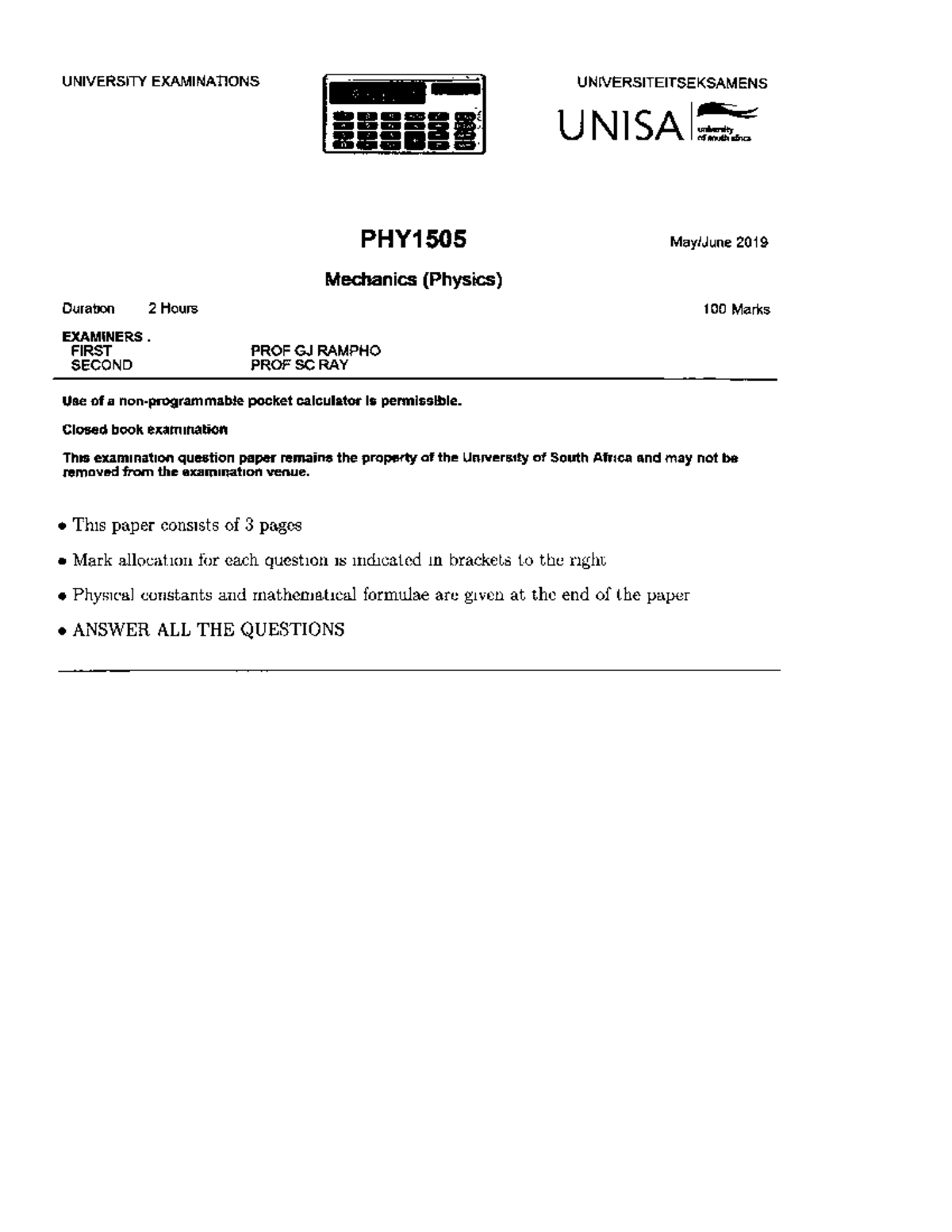 Exam 2019 - PHY1505 - Studocu