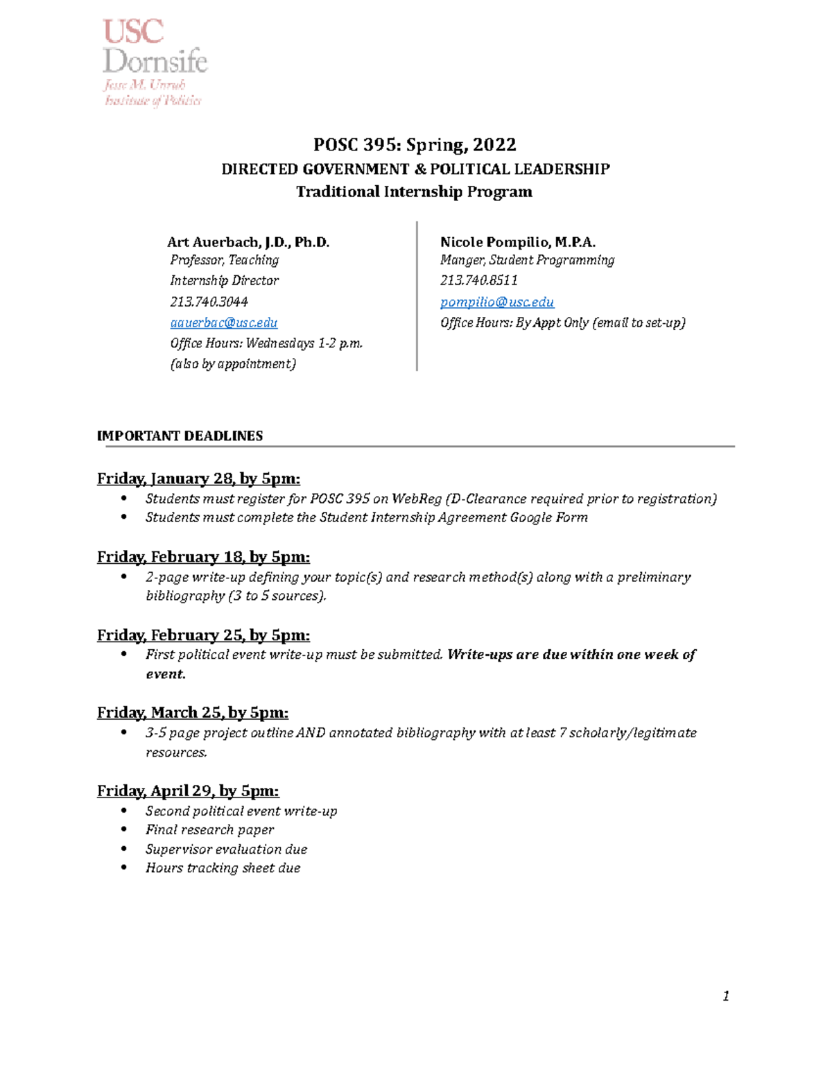 Traditional Internship Syllabus Spring 2022 - POSC 395: Spring, 2022 ...