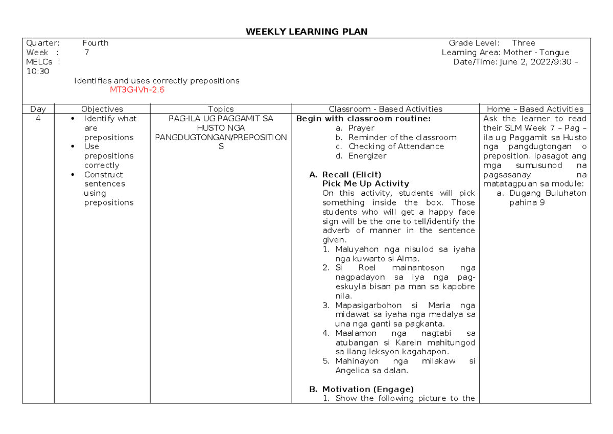 2nd-c - WEEKLY LEARNING PLAN Quarter: Fourth Grade Level: Three Week ...