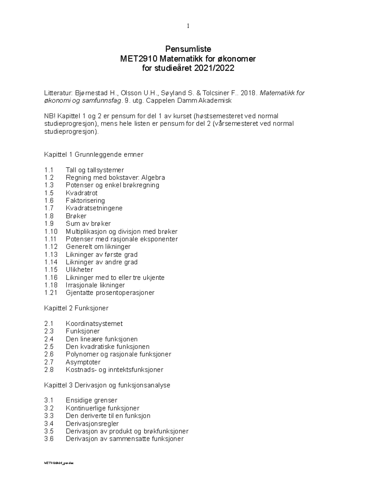Pensum - Matte - Pensumliste MET2910 Matematikk for økonomer for ...