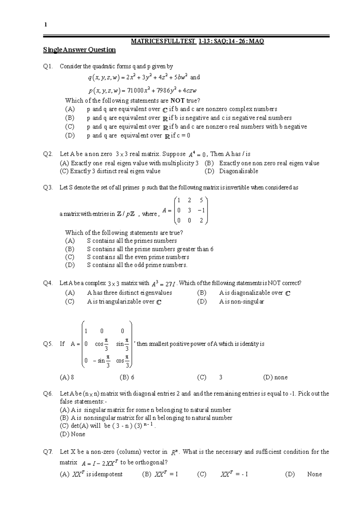 Matrices Full Test Qus - ####### MATRICES FULL TEST 1-13 : SAQ; 14 - 26 ...
