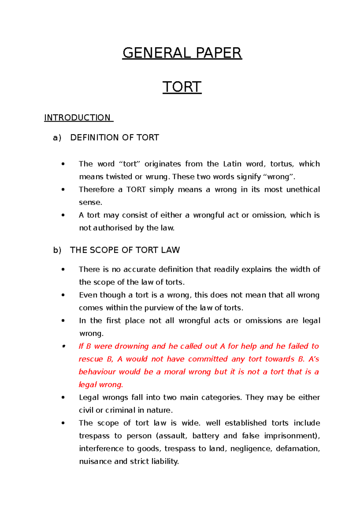 Overview - GENERAL PAPER TORT INTRODUCTION a) DEFINITION OF TORT The ...