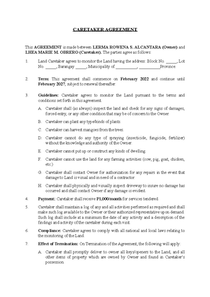 Caretaker Agreement Form (please notarize upon arrival) - CARETAKER ...