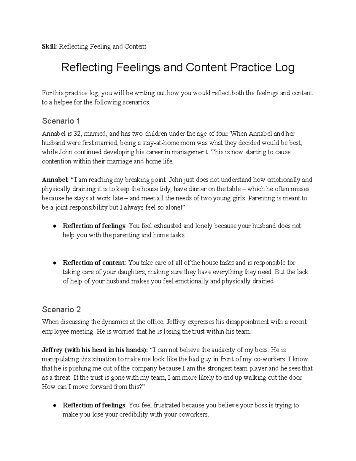 W03Worksheet Reflecting Log - Skill: Reflecting Feeling and Content ...