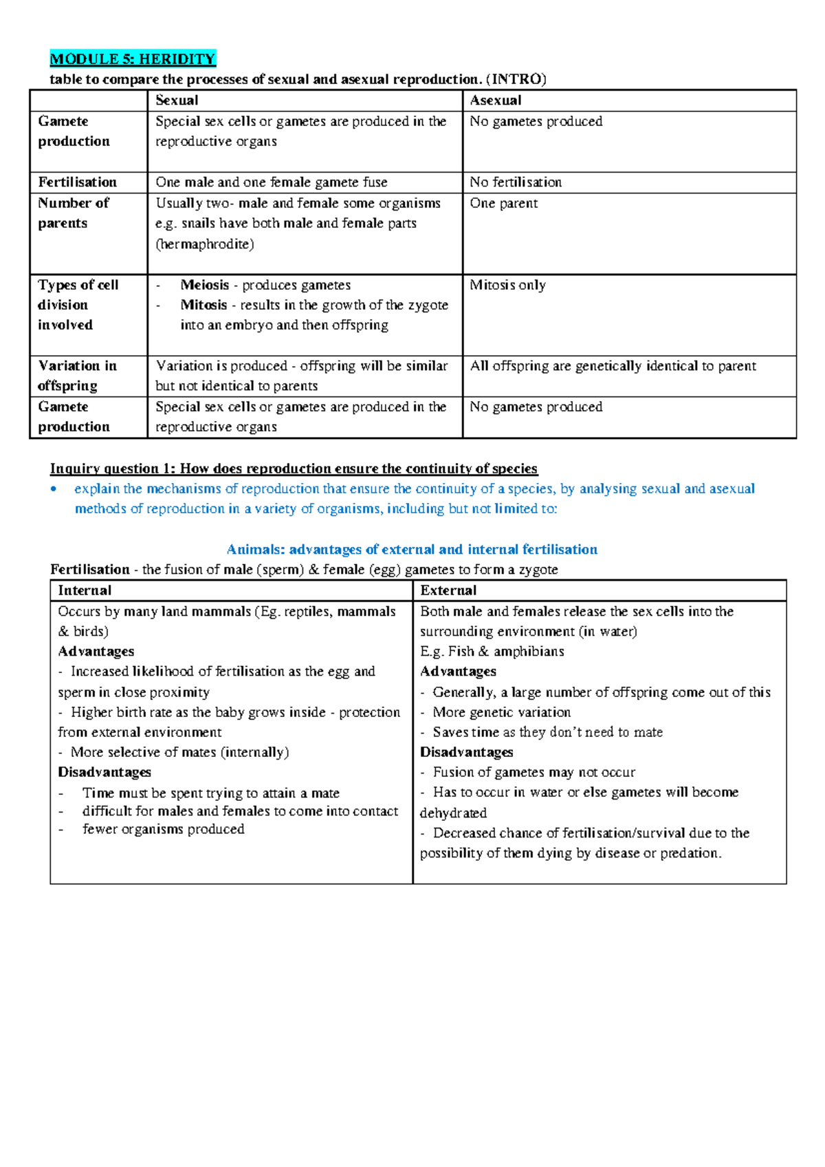 Module 5- bio notes - MODULE 5: HERIDITY table to compare the processes ...