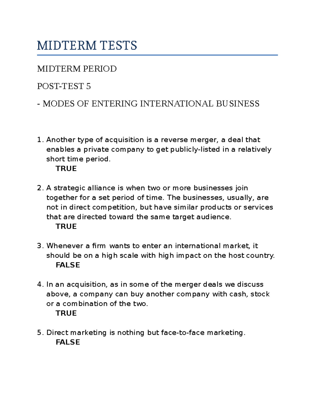 Midterm International Business AND Trade Tests - MIDTERM TESTS MIDTERM ...