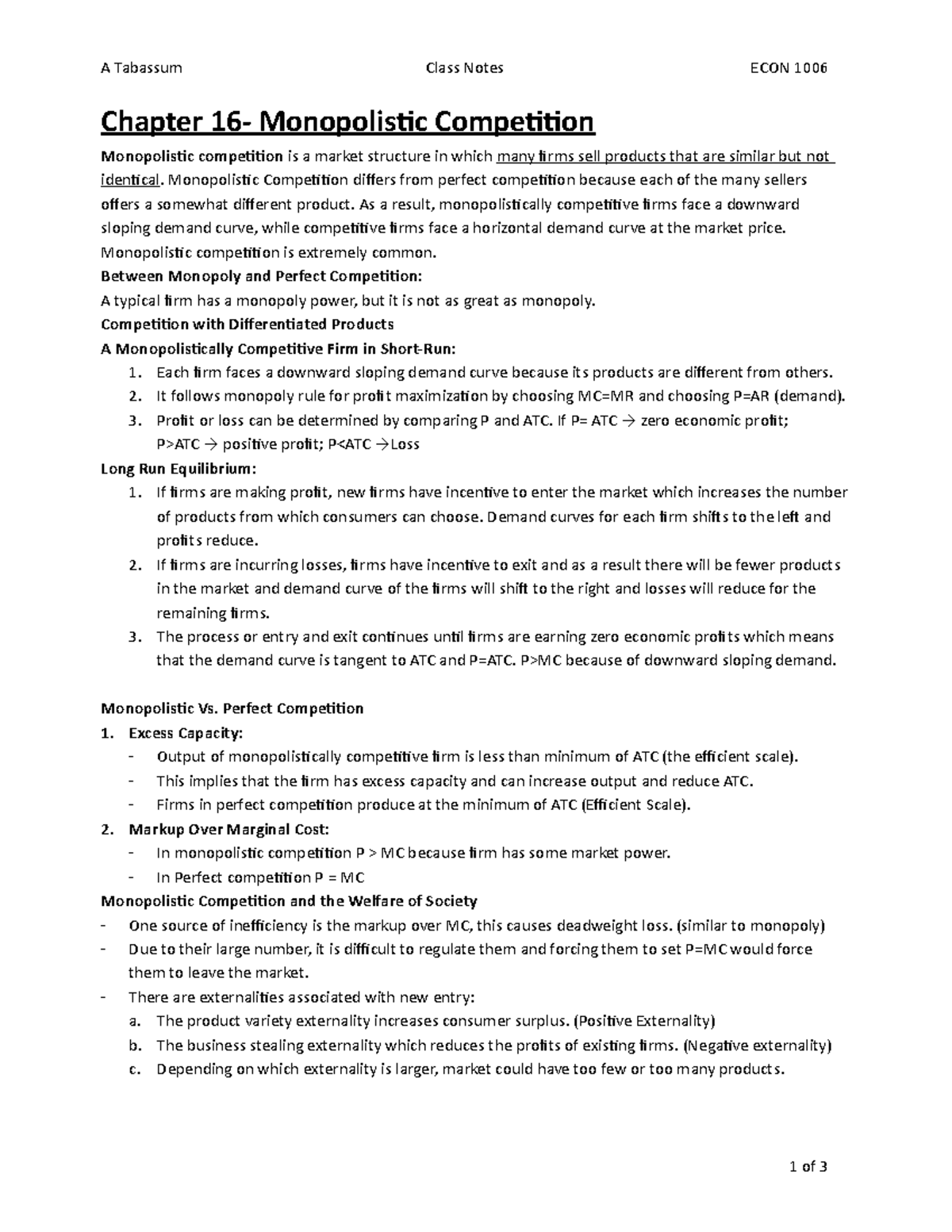 Summary-Ch. 16 17-ECON 1006 - A Tabassum Class Notes ECON 1006 Chapter ...