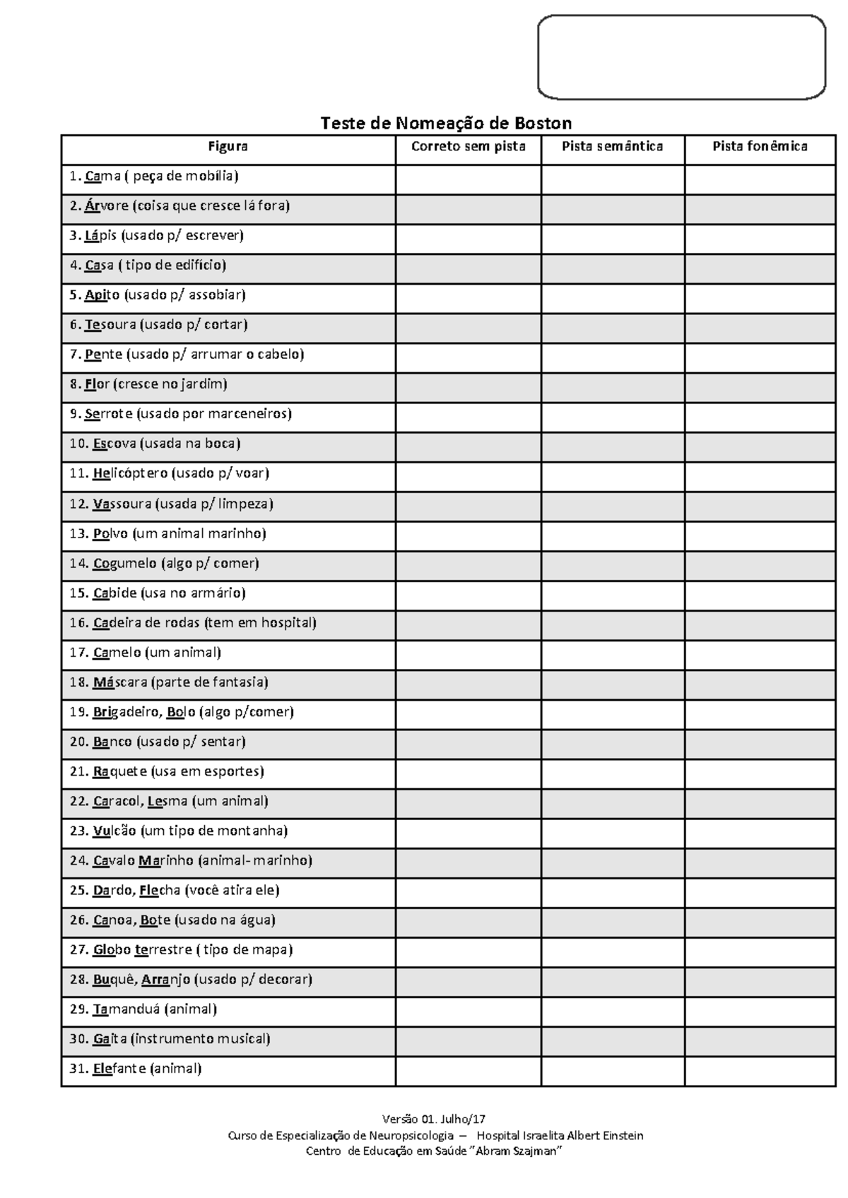 Teste de Boston (Folha de Resposta) - Versão 01. Julho/ Curso de ...