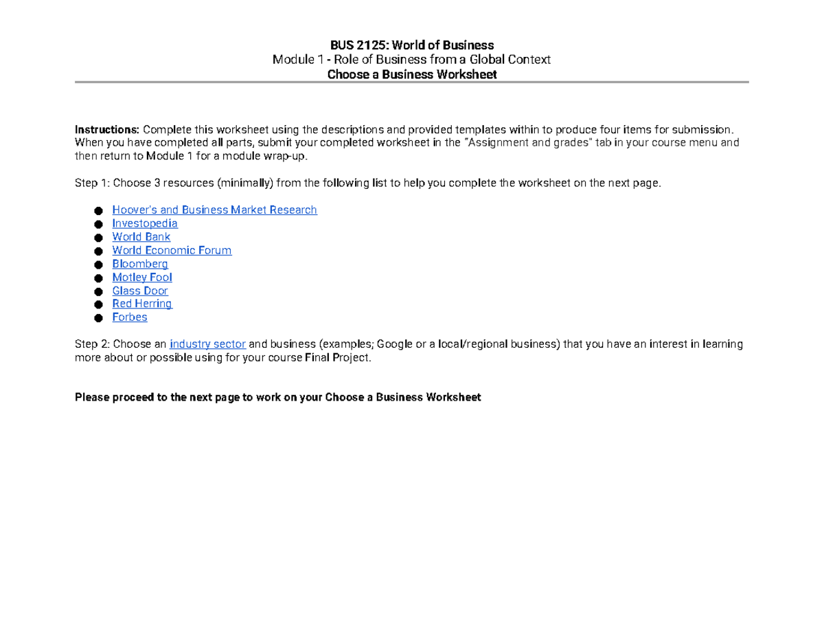 Choose a Business - Worksheet Mod 1 BUS 2125 - BUS 2125: World of ...