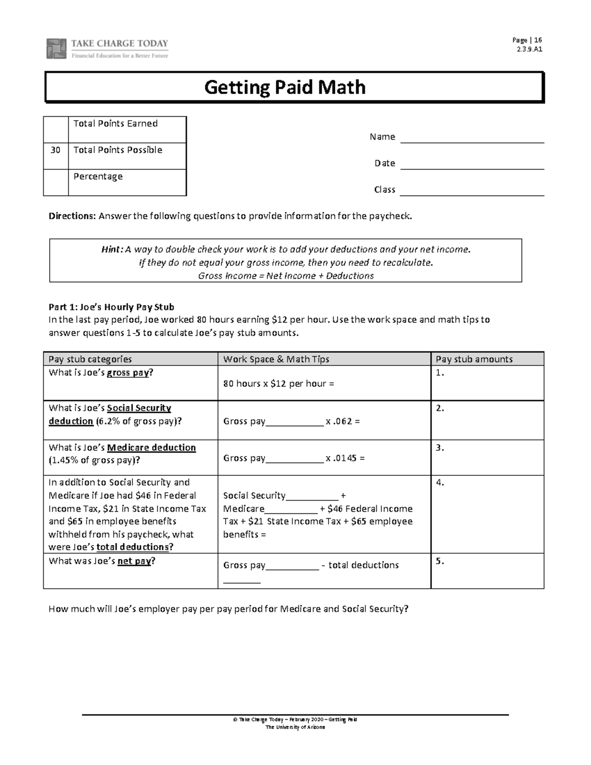 Getting Paid Math 2.3 - class work - Page | 16 2.3.9 © Take Charge ...