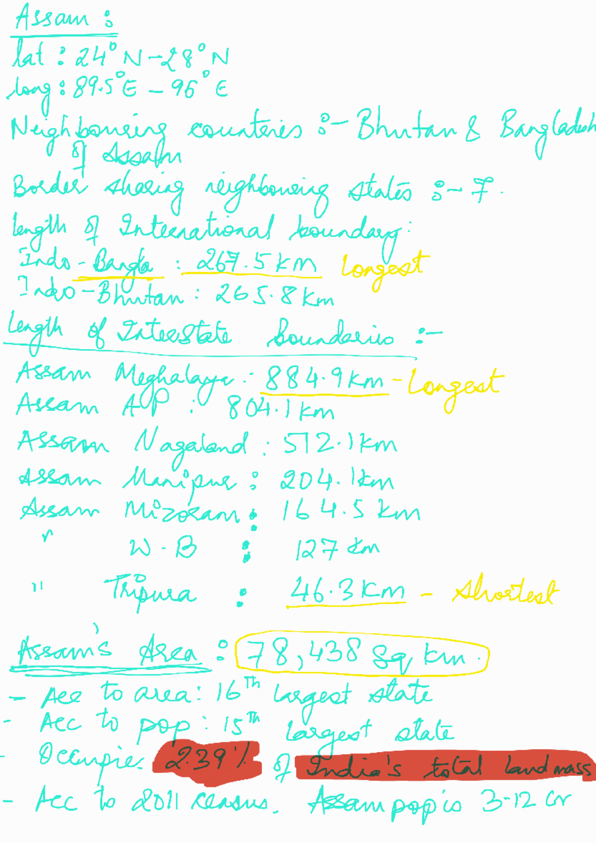 Assam geo note - Handwritten note - Assam : lat ! long : Neighbouring counteres Bhutan Bangladuh ...