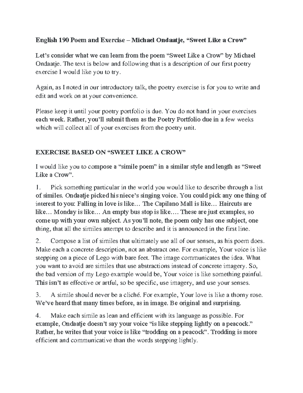 ENGL190 Assignment 1 - "Sweet Like a Crow" - English 190 Poem and ...