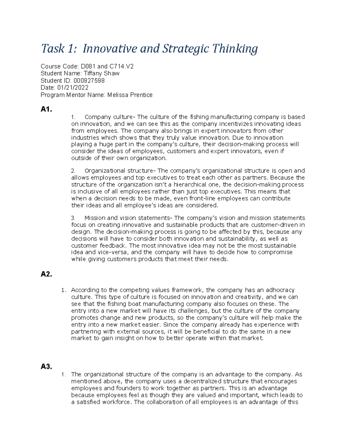 Business Strategy Task One-C714 - Task 1: Innovative and Strategic ...