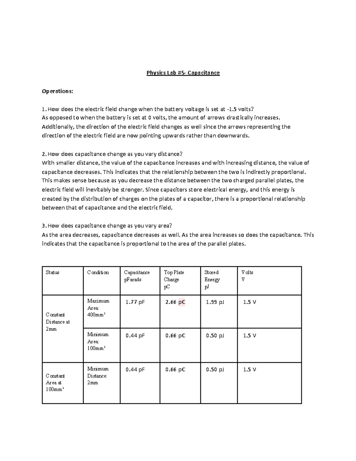 Physics Lab 5 Capacitance - Physics Lab #5- Capacitance Operations: 1 ...