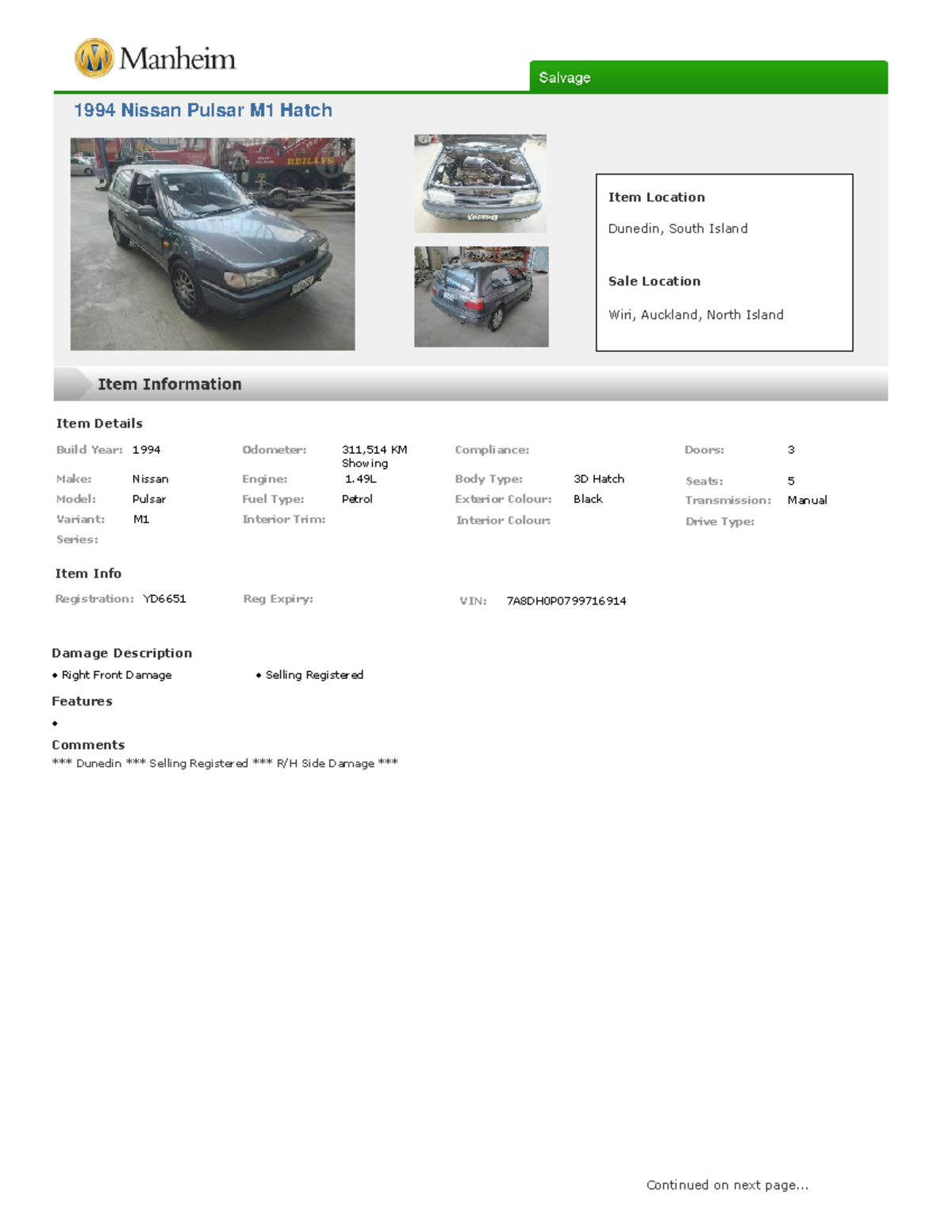 1994-Nissan-Pulsar-M1-Hatch 30May2022 - Item Info Registration: YD6651 ...