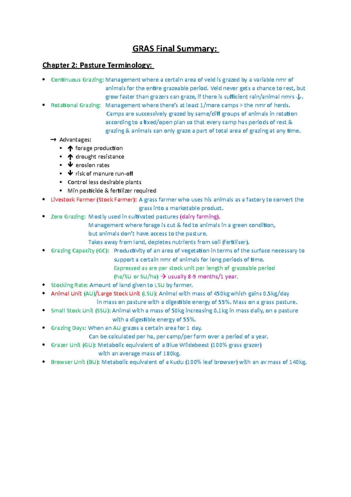 GRAS 3714 Final Exam Summary - GRAS Final Summary: Chapter 2: Pasture ...