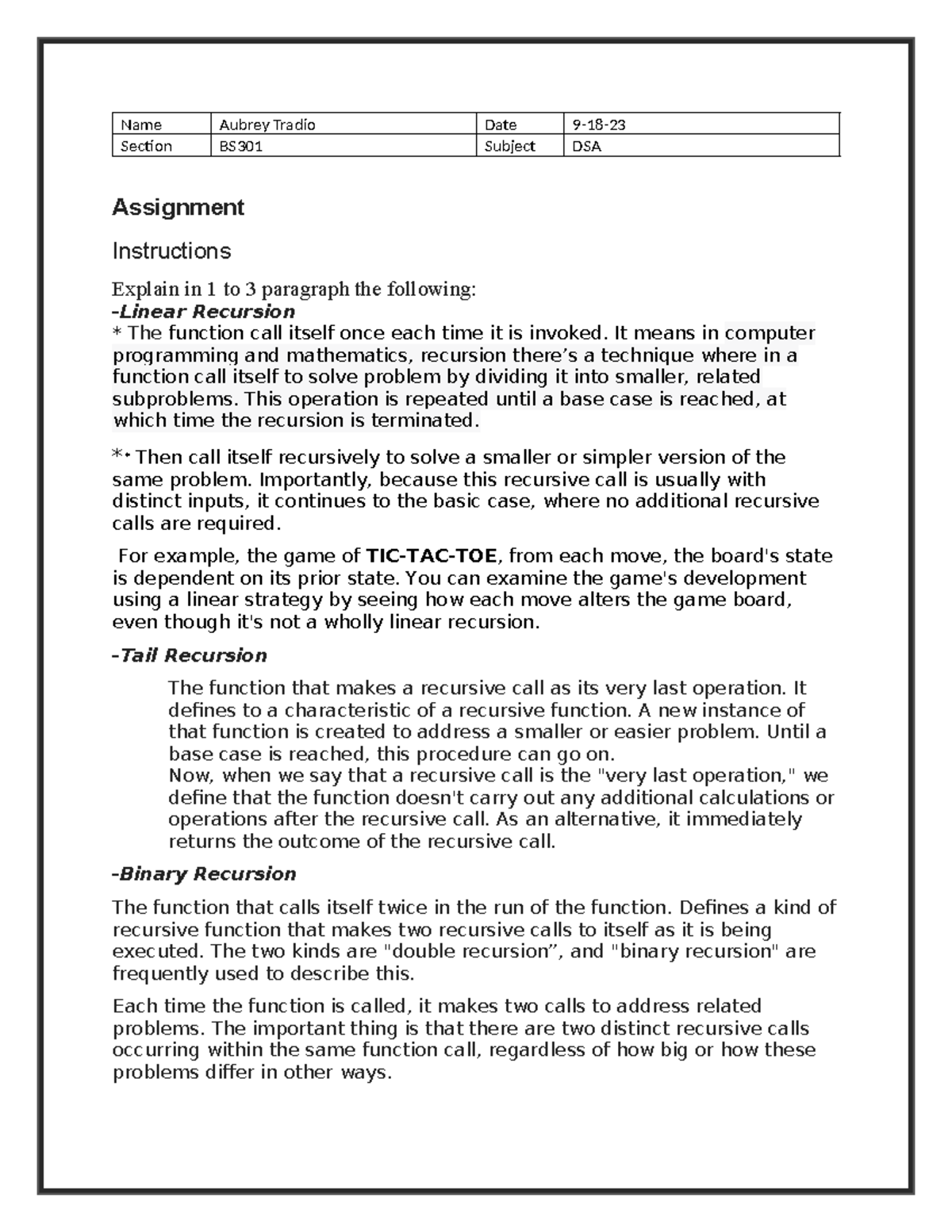 Assignment IN DSA Recursions - Name Aubrey Tradio Date 9-18- Section BS301 Subject DSA ...