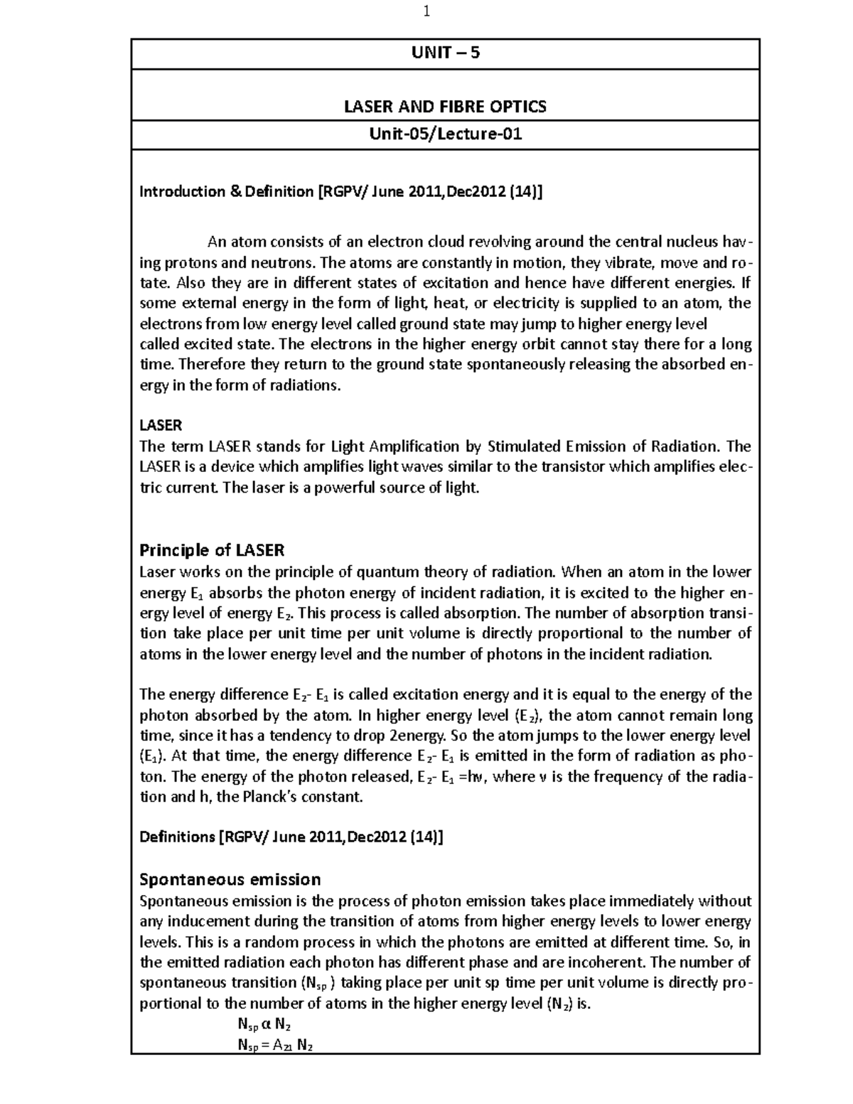 Be 201 engineering physics unit 5 - UNIT – 5 LASER AND FIBRE OPTICS ...