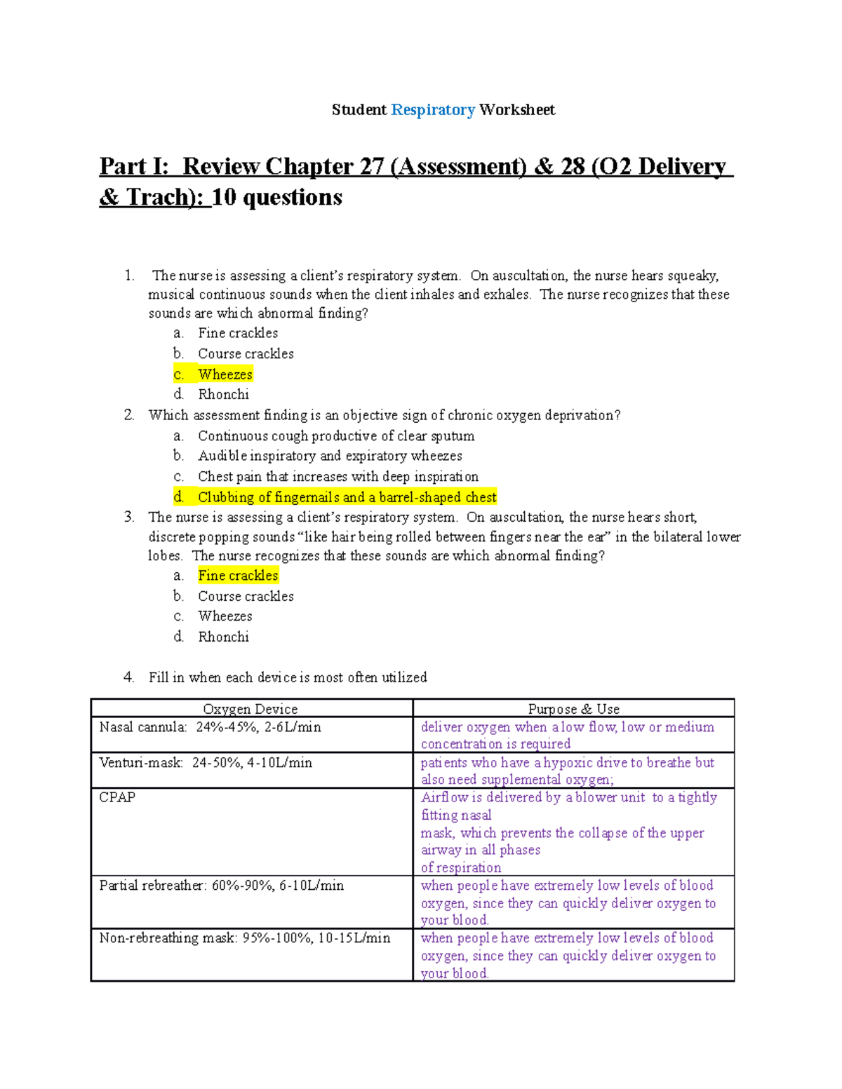 Med Surg nursing resp - Student Respiratory Worksheet Part I: Review ...