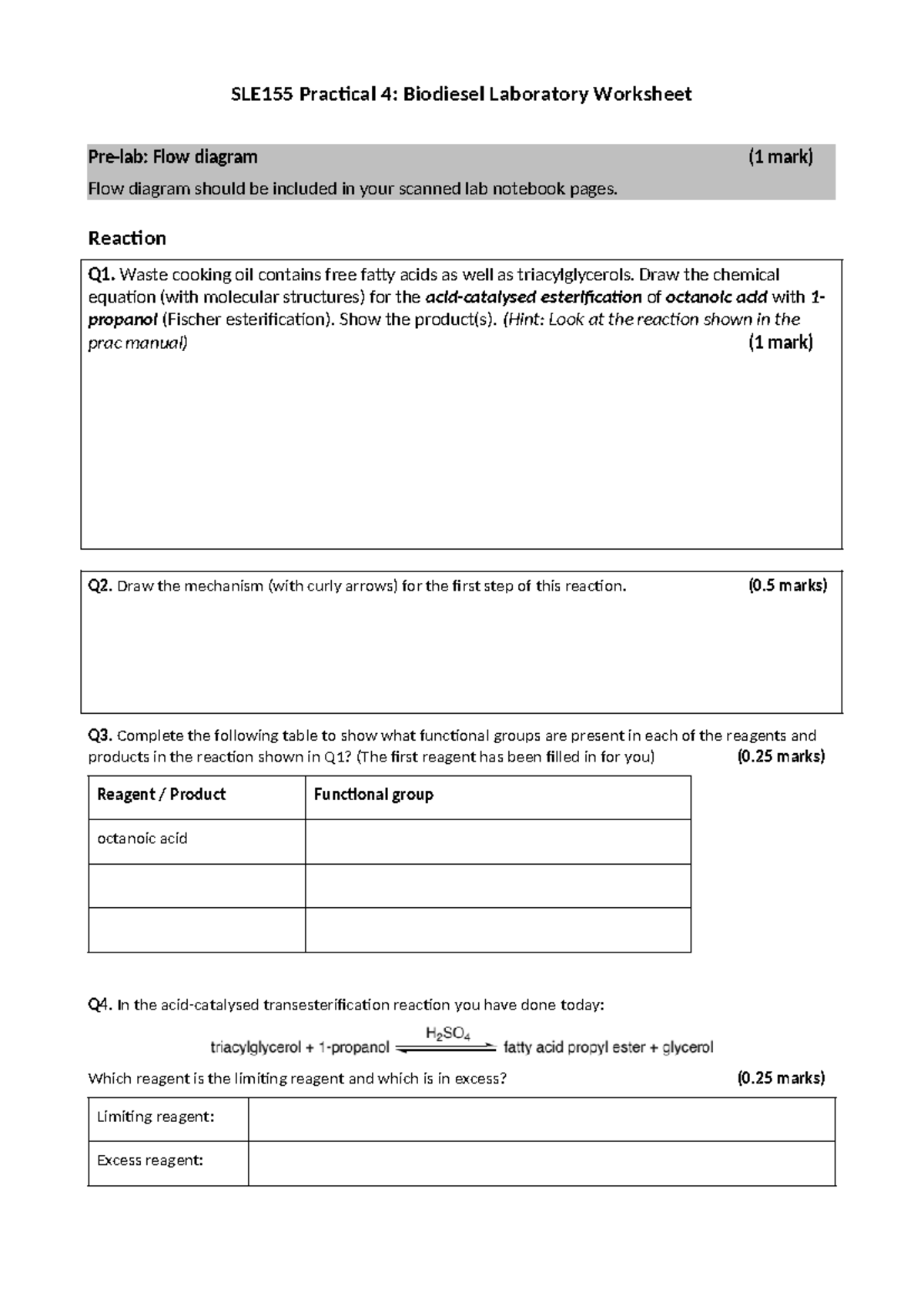 SLE155 Experiment 4 Biodiesel Worksheet T2 2023 - SLE155 Practical 4 ...