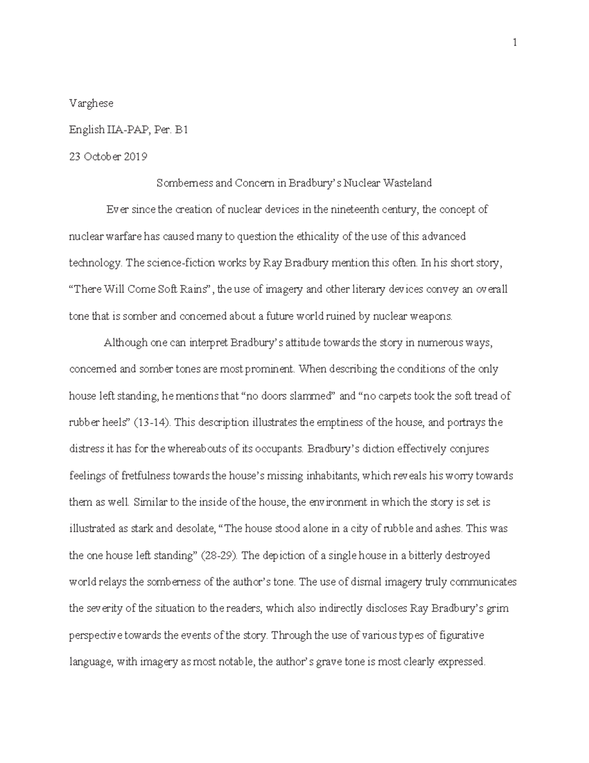 Ray Bradbury Essay - 1 Varghese English IIA-PAP, Per. B 23 October 2019 ...