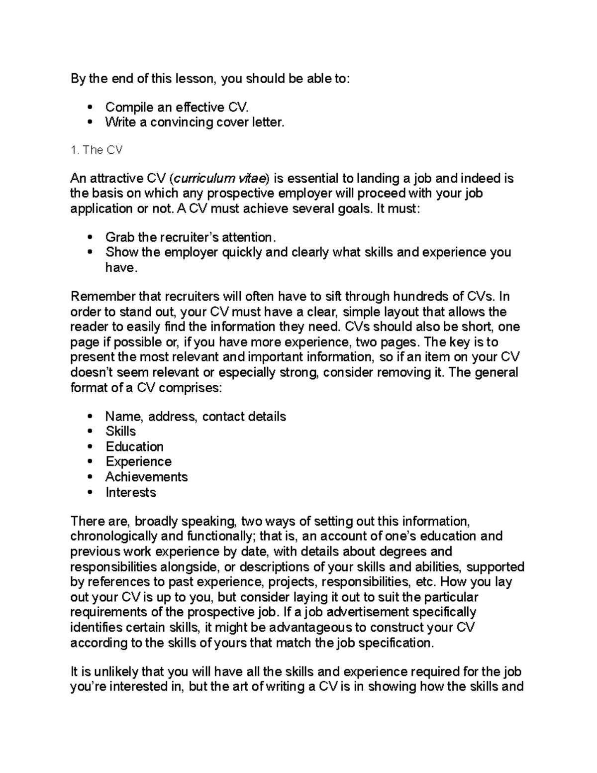 Lesson 1 cv's - By the end of this lesson, you should be able to ...