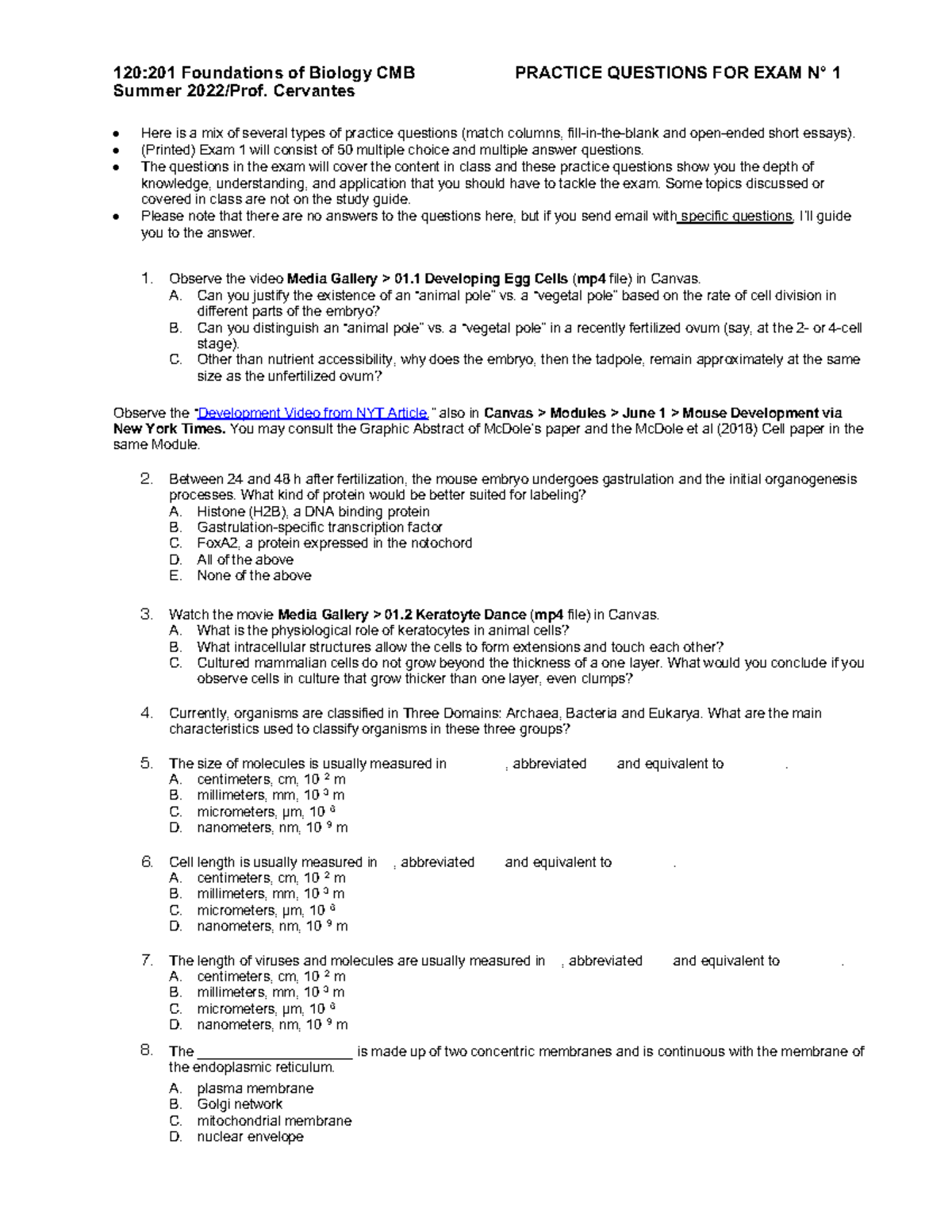 Biology Exam 1 - 120:201 Foundations of Biology CMB PRACTICE QUESTIONS ...