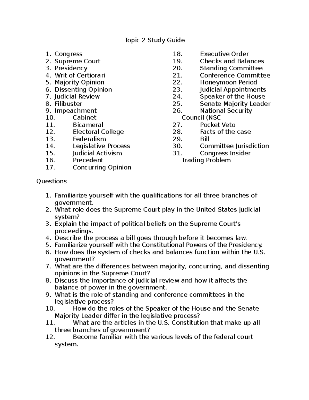 Topic 2 Study Guide - don't look at - Topic 2 Study Guide Congress ...