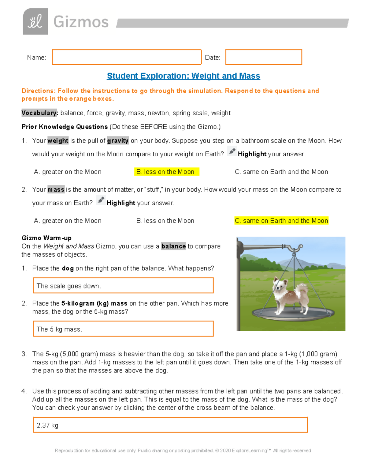 Weight Mass SE - Gizmo Help - Name: Date: Student Exploration: Weight ...