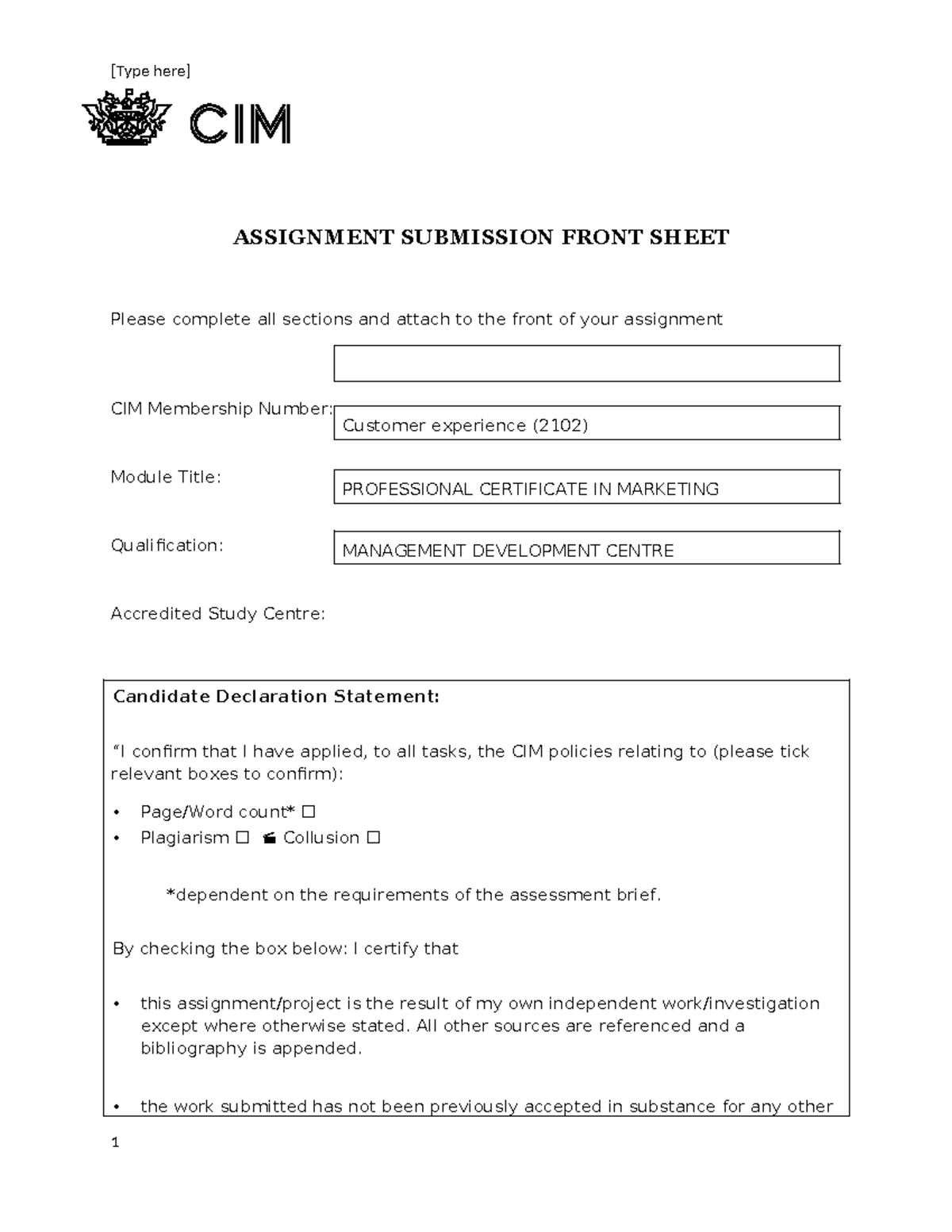 CIM Customer Experience - ASSIGNMENT SUBMISSION FRONT SHEET Please ...