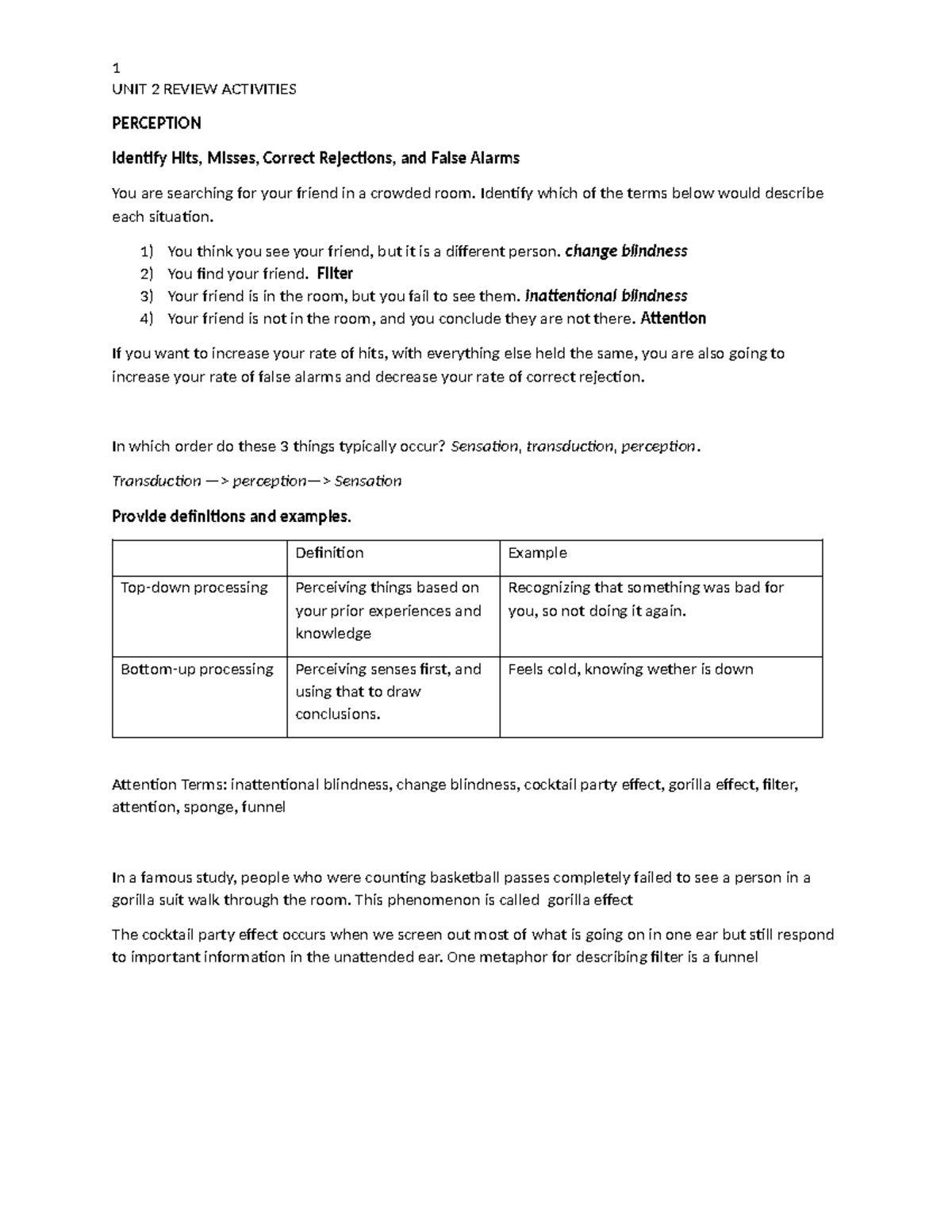 Review Materials 2 - UNIT 2 REVIEW ACTIVITIES PERCEPTION Identify Hits ...
