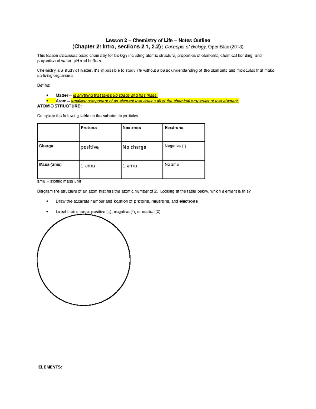 Bio lesson 2 notes - ntoes - Lesson 2 – Chemistry of Life – Notes ...