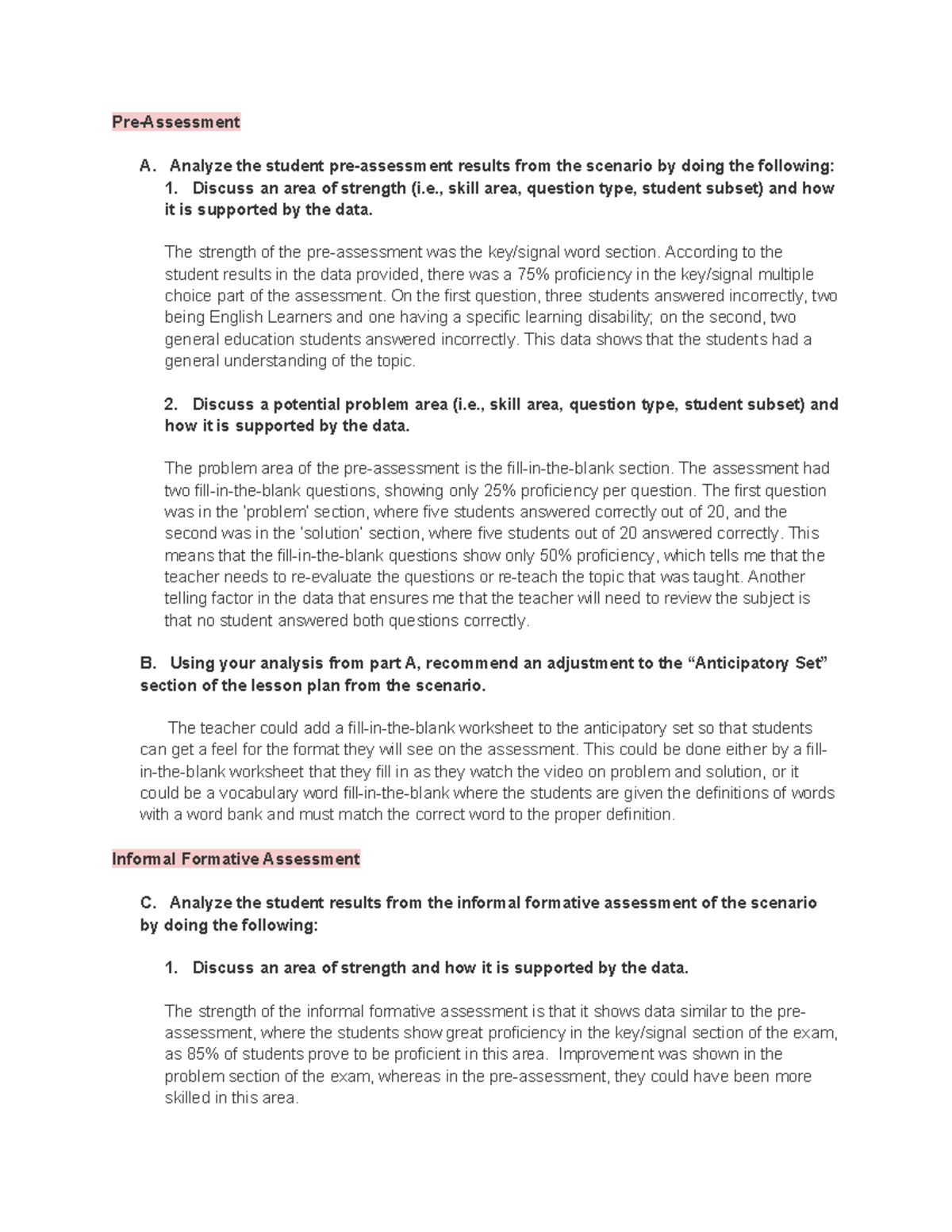 Evaluating Learning AND Instruction - Pre-Assessment A. Analyze the student pre-assessment ...