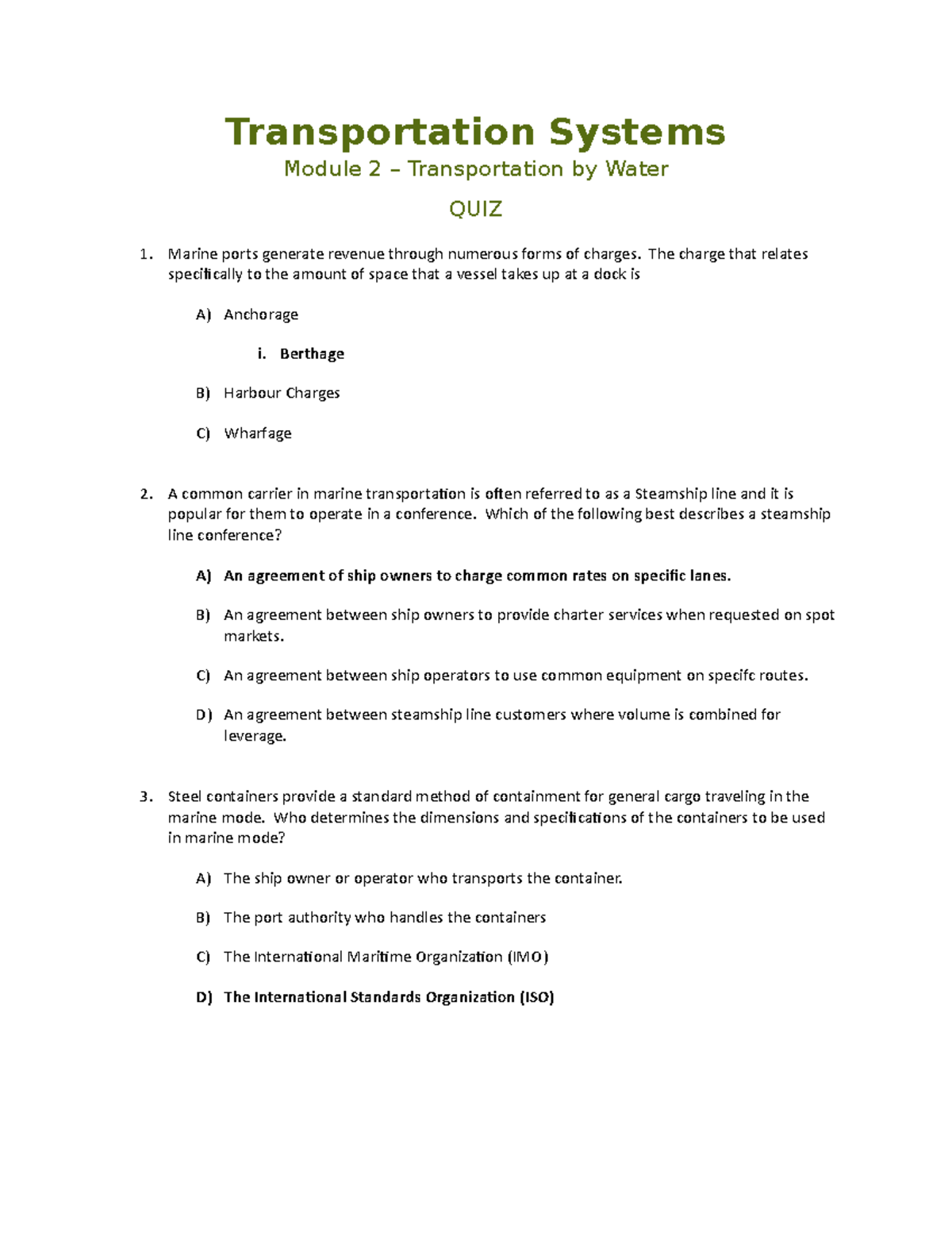TS Quiz 02 - Transportation by Water - Transportation Systems Module 2 ...