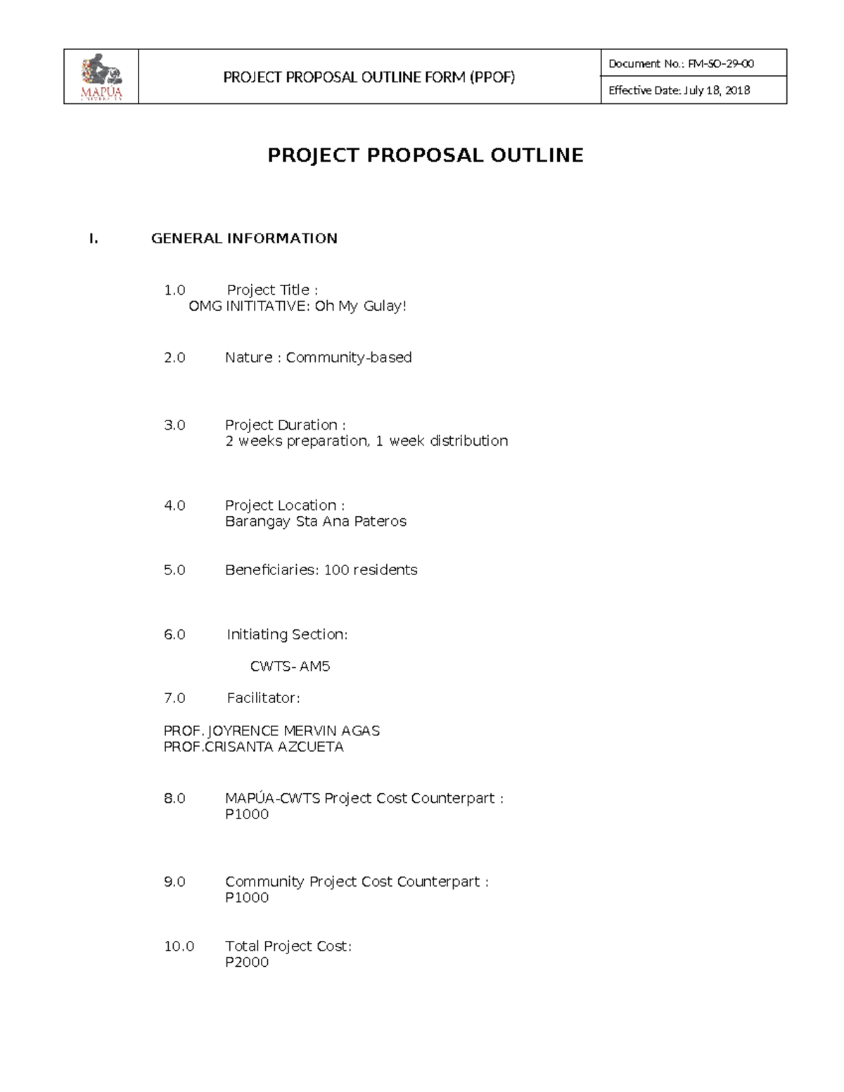CWTS Project Proposal - PROJECT PROPOSAL OUTLINE FORM (PPOF) Effective ...