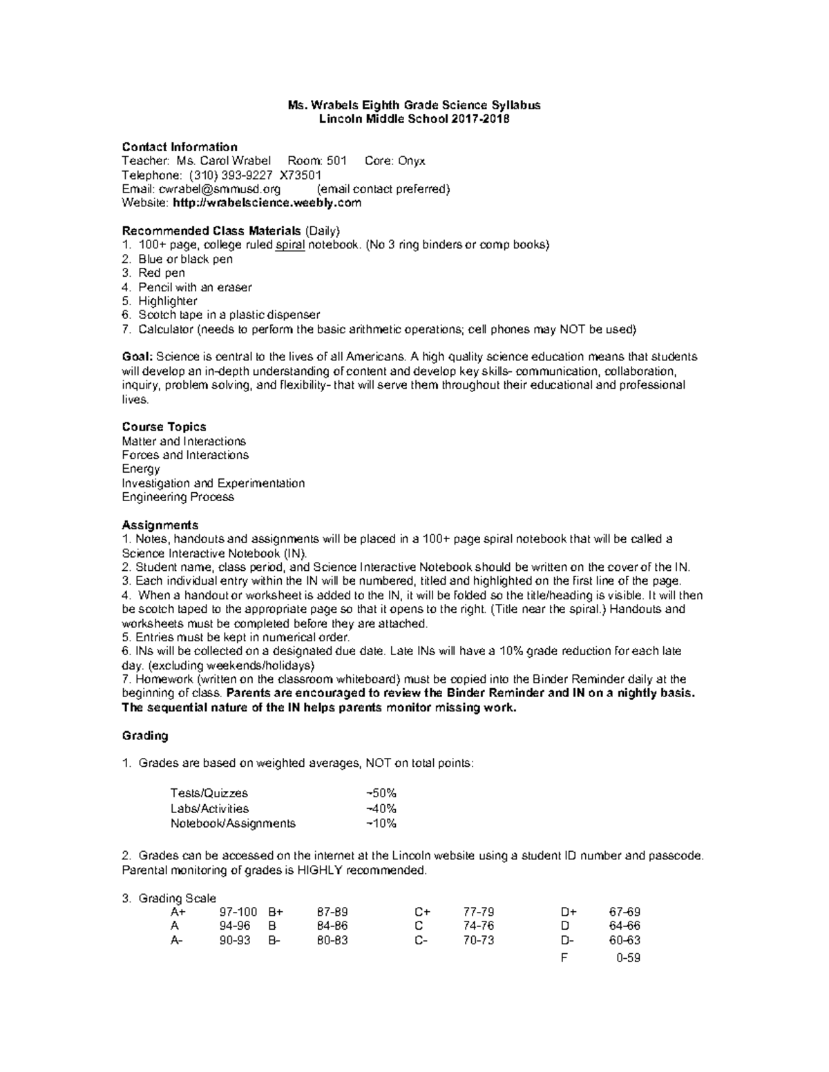 Syllabus 2017 - Ms. Wrabels Eighth Grade Science Syllabus Lincoln ...