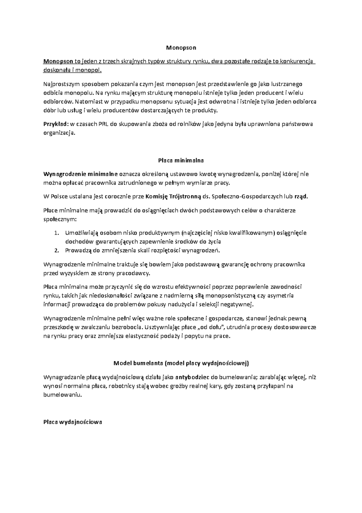 Ekonomia pracy notatki - Monopson Monopson to jeden z trzech skrajnych ...