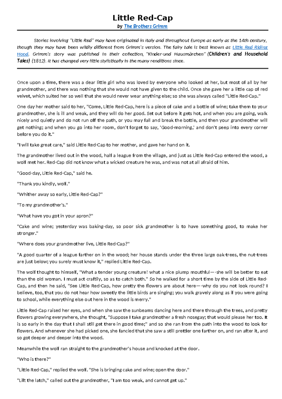 European Literature: Little Red-Cap - Little Red-Cap by The Brothers ...