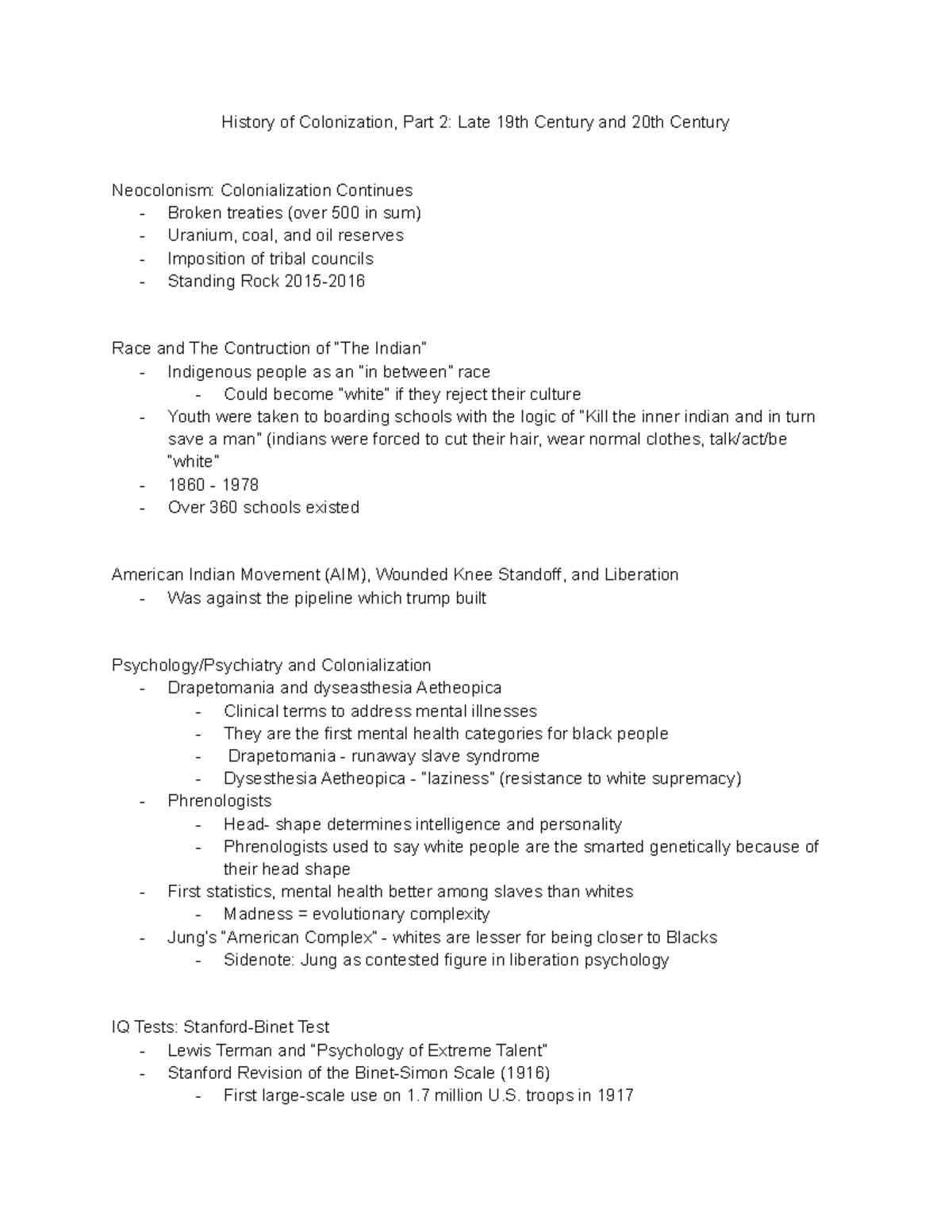 Lec 6 Notes - History of Colonization, Part 2: Late 19th Century and ...