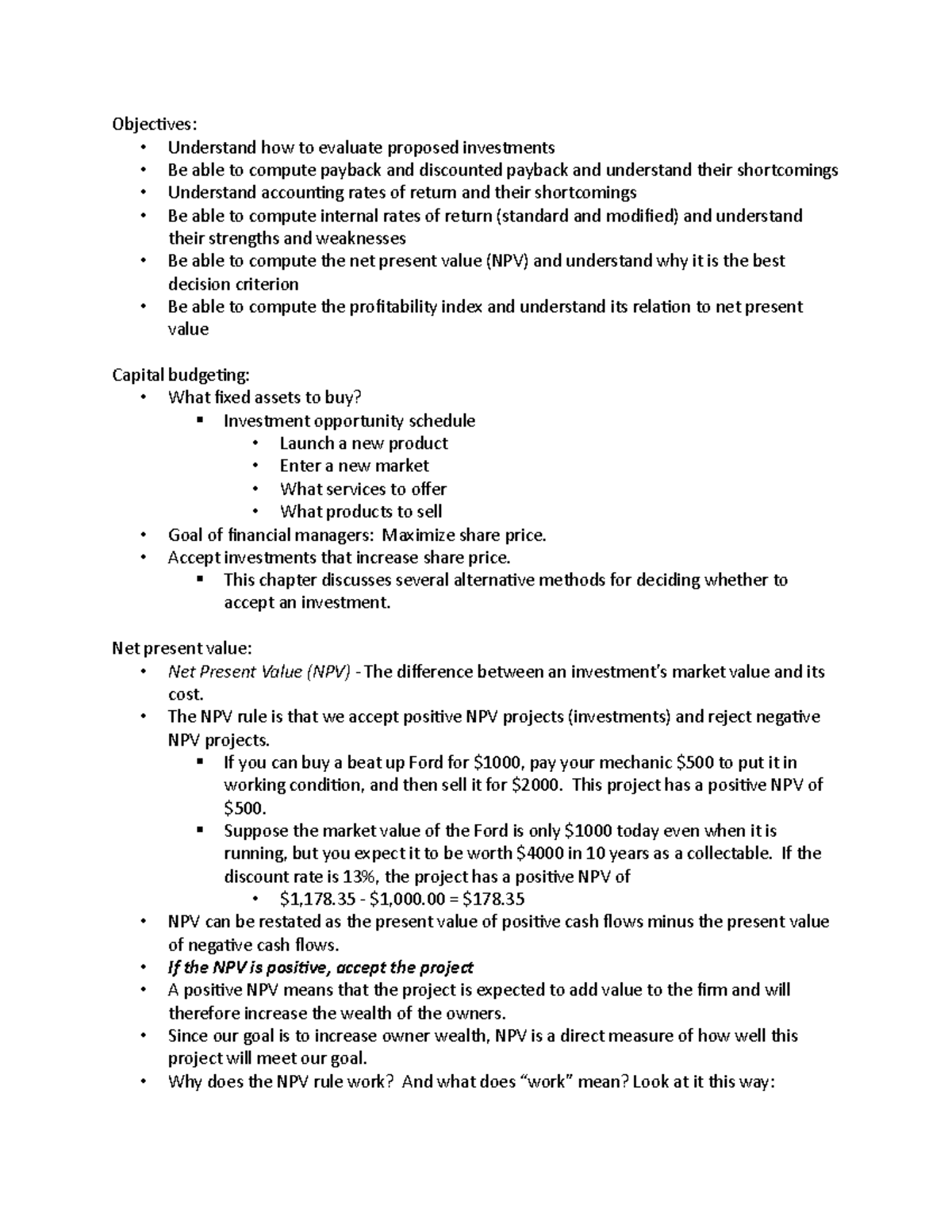 Npv - Lecture notes 5 - Objectives: - Understand how to evaluate ...