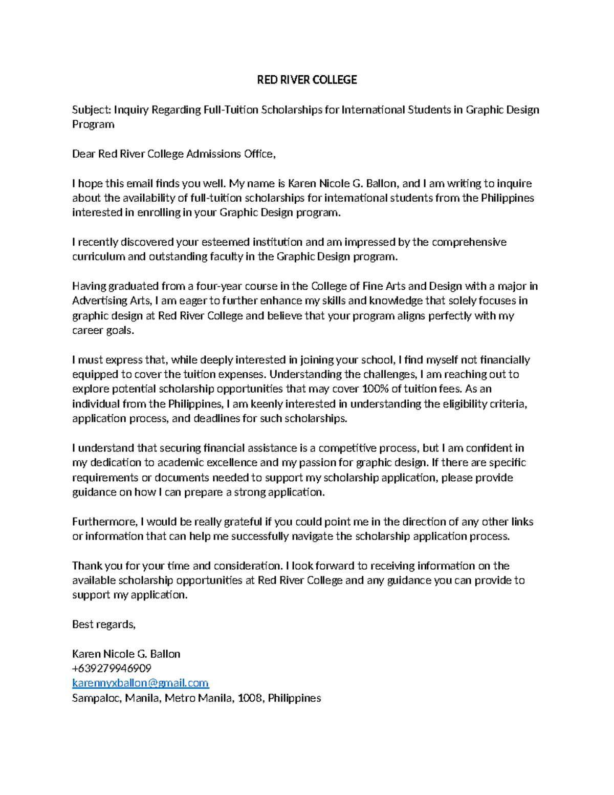 Scholarship Inquiry Email - RED RIVER COLLEGE Subject: Inquiry ...