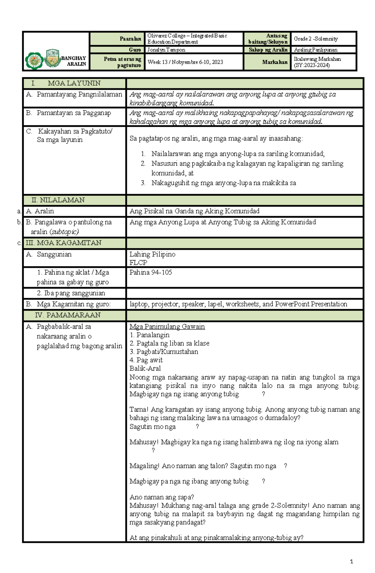 Week 13 AP2 - Lesson Plan - BANGHAY ARALIN Paaralan Olivarez College – Integrated Basic ...