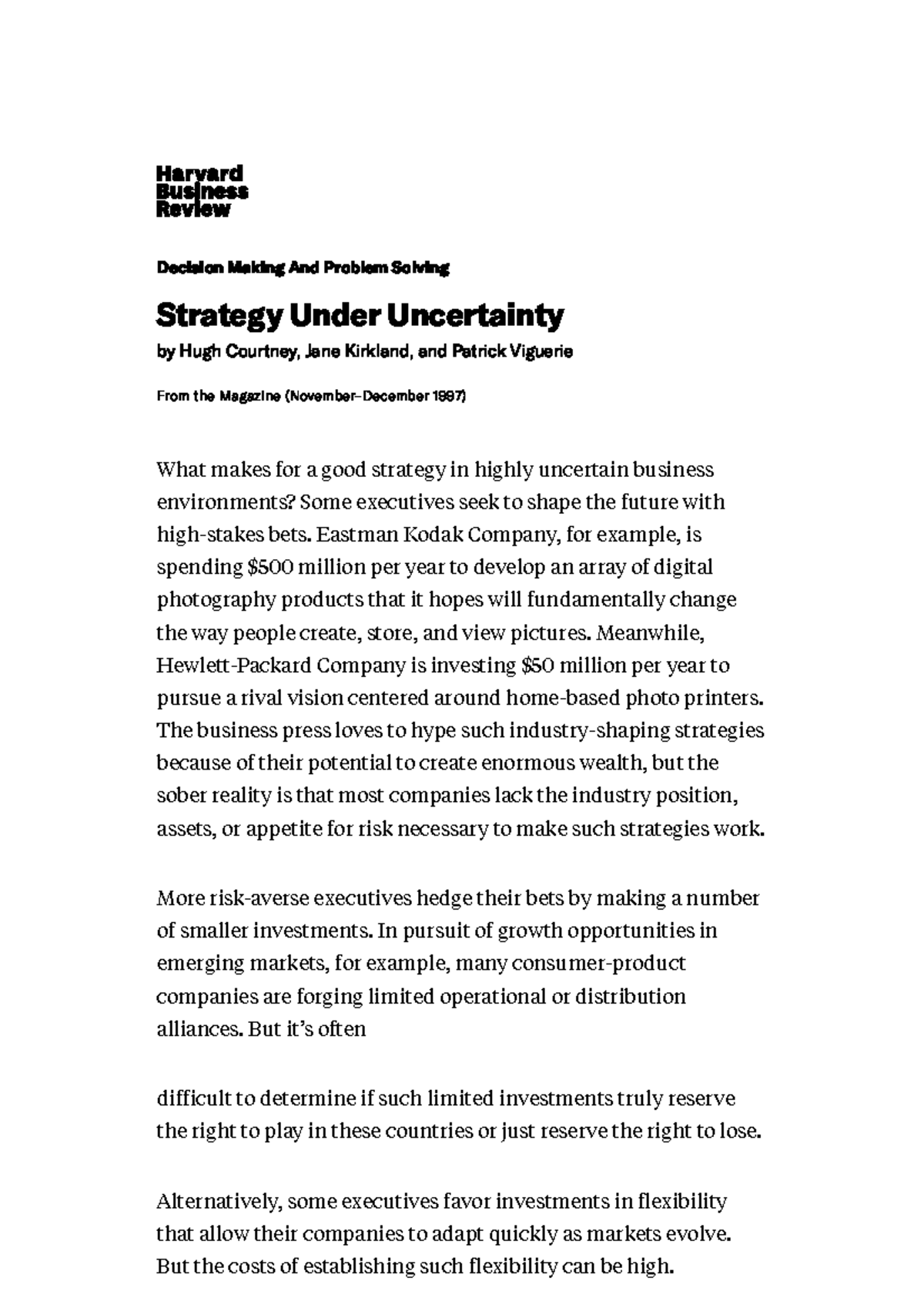 Strategy Under Uncertainty - Decision Making And Problem Solving ...